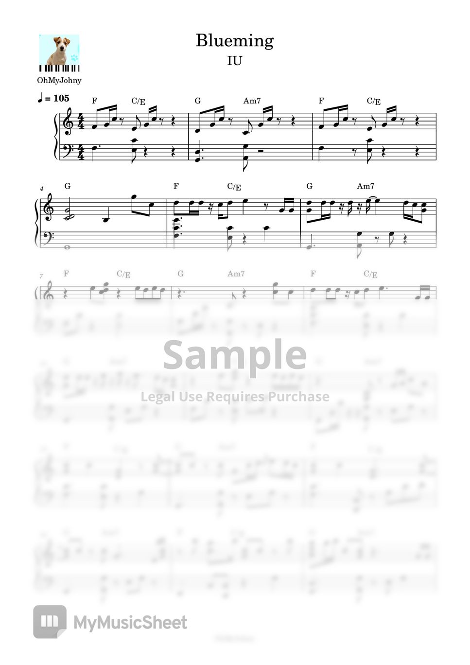 IU（아이유） - Blueming블루밍 (Piano) Sheet Music by OhMyJohny