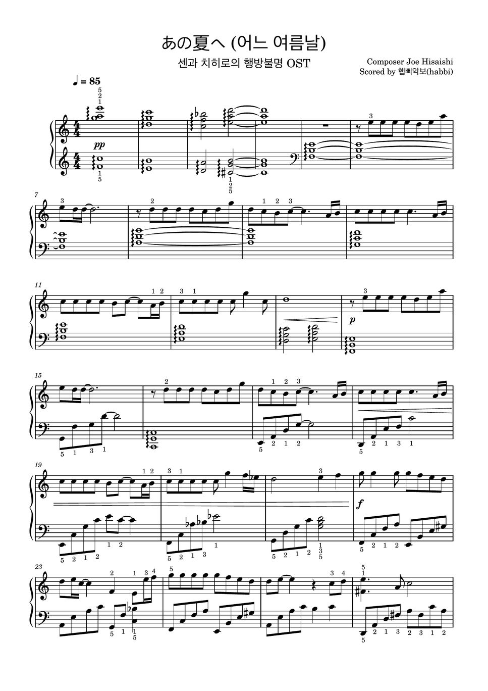 센과 치히로의 행방불명ost あの夏へ 어느 여름날 Sheets By 햅삐악보 Habbi