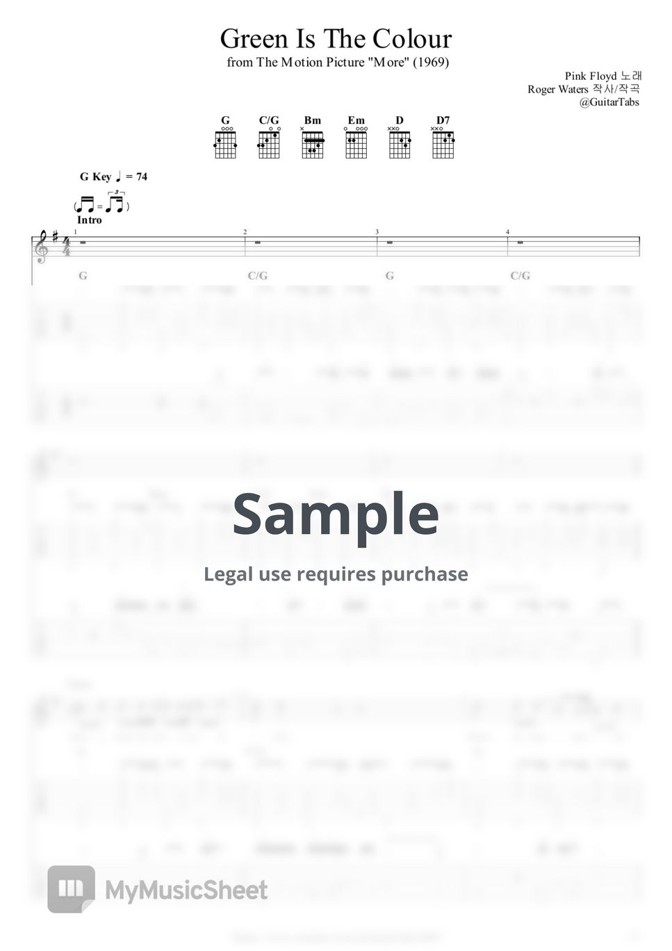 Pink Floyd - Green Is The Colour (G Key / Easy TAB / Lyrics) Sheet ...