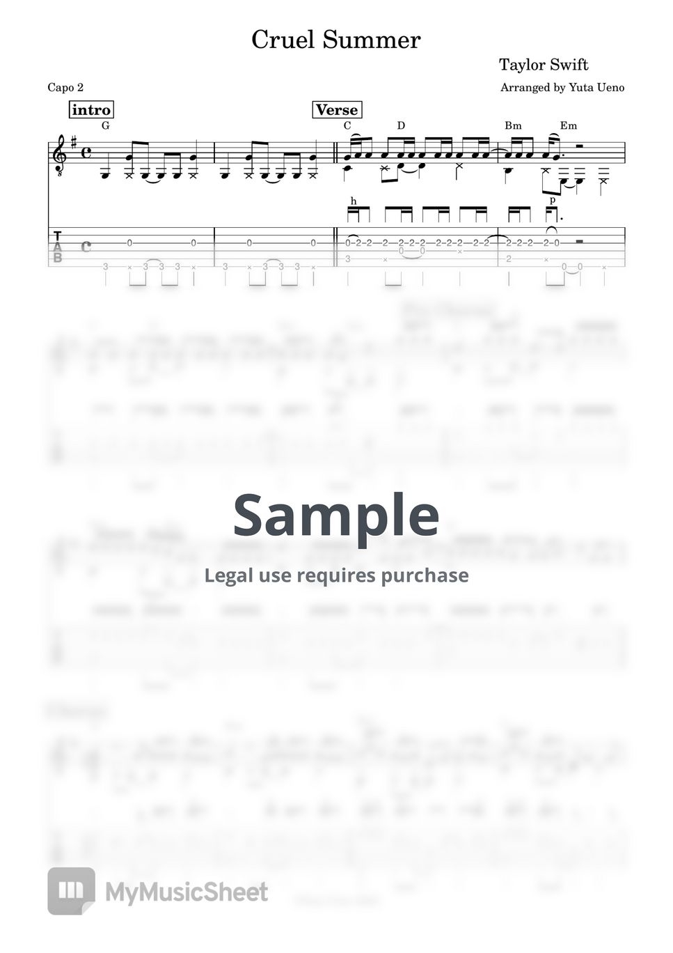 Taylor Swift - Cruel Summer (Fingerstyle) Tab + 1staff by Yuta Ueno