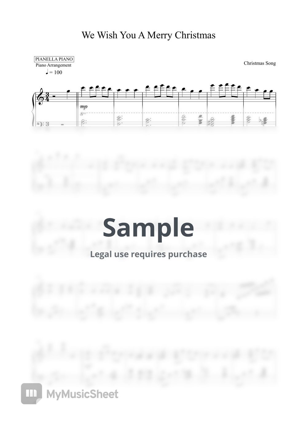 We Wish You A Merry Christmas (Piano Sheet) Partitur by Pianella Piano