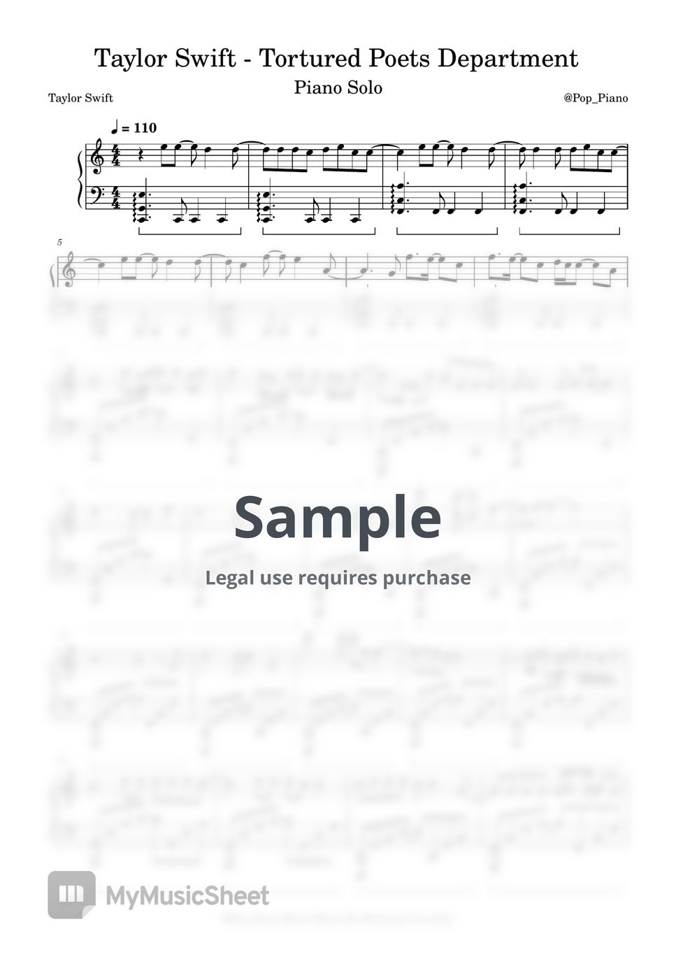 Taylor Swift - The Tortured Poets Department 악보 by Pop Piano