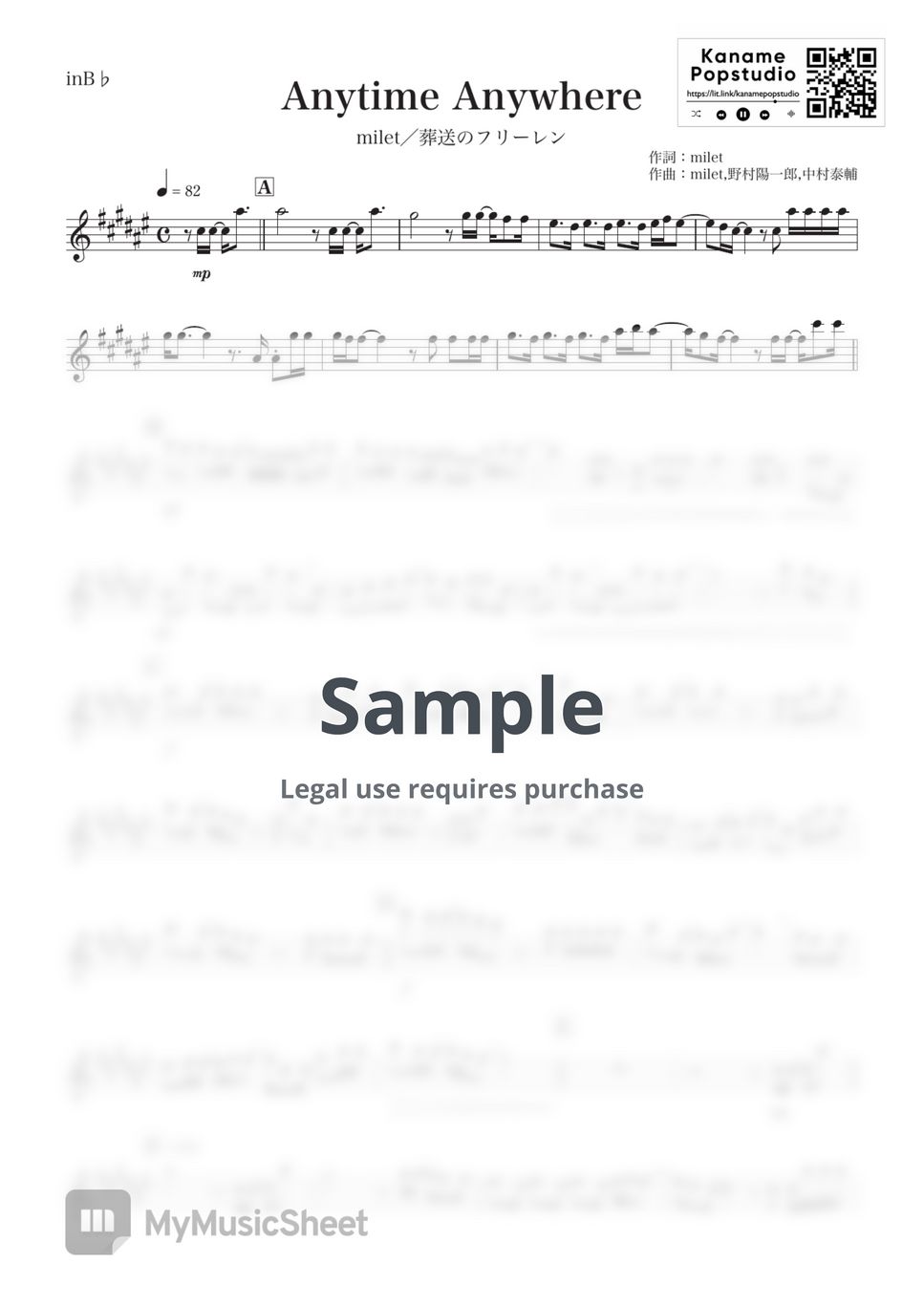 milet - 【葬送のフリーレン】Anytime Anywhere (B♭) Sheets by Kaname@Popstudio
