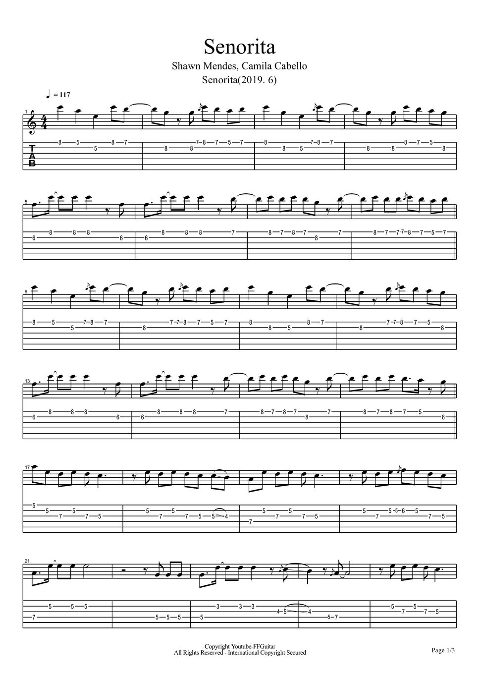 Shawn Mendes, Camila Cabello - Senorita Guitar cover TAB by ffguitar