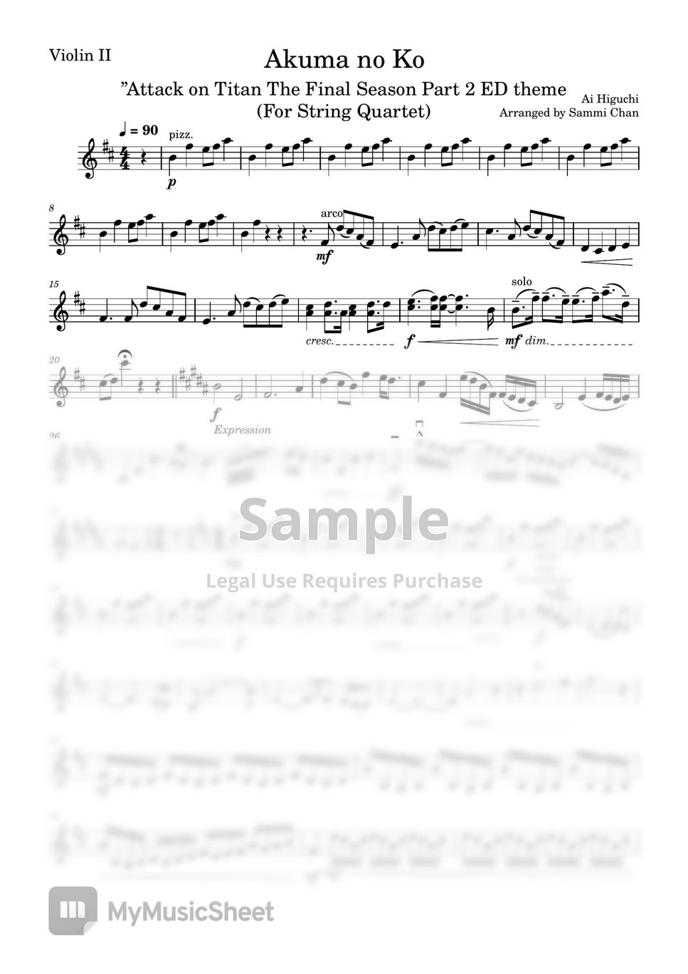 Ai Higuchi - Akuma no Ko 悪魔の子 String Quartet Violin II Part ((Attack on ...