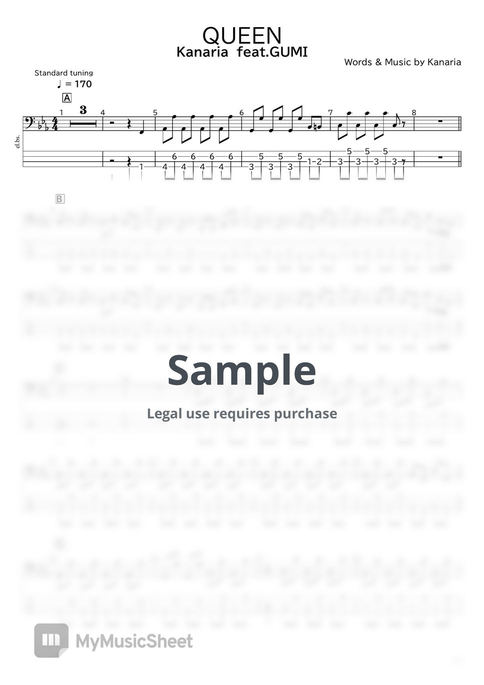 Kanaria feat.GUMI - QUEEN 楽譜 by たぶべー＠財布に優しいベース楽譜屋さん（BASS・TAB譜）