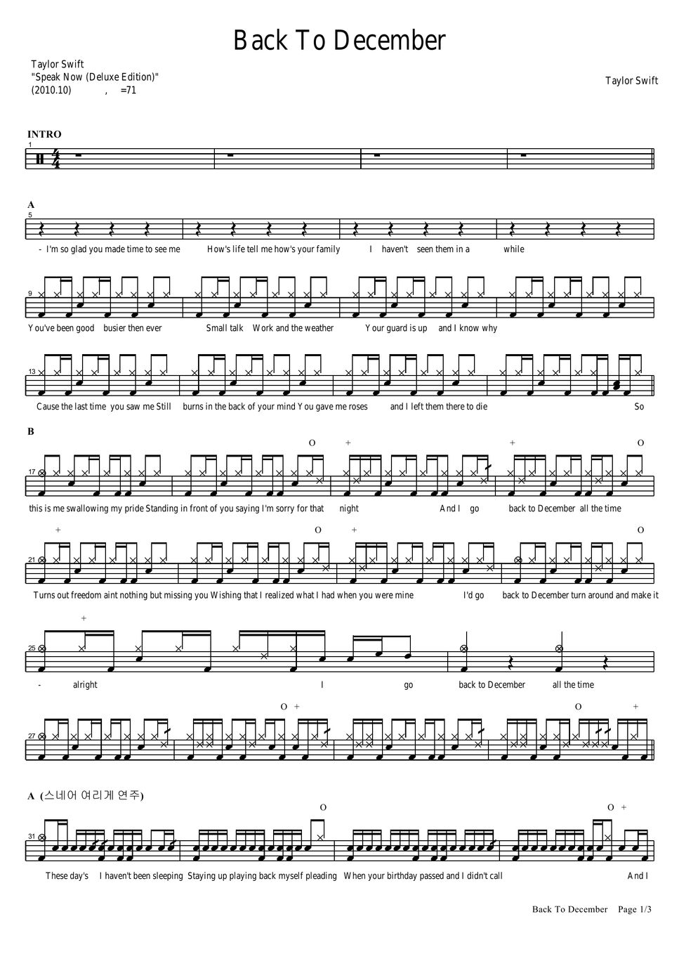 Taylor Swift - Back To December Sheets by COPYDRUM