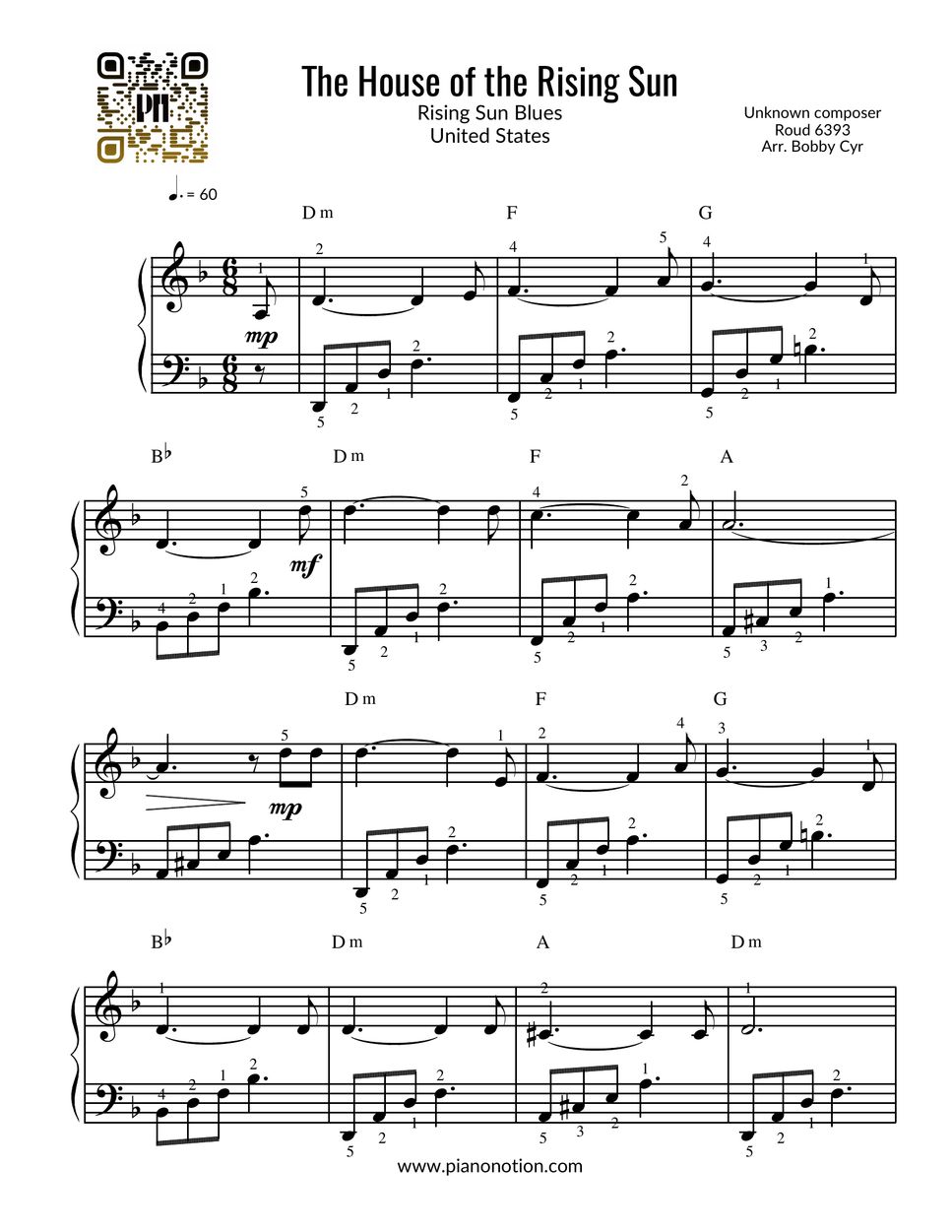 Bob Dylan - The House of the Rising Sun (Easy Piano) 악보 by Piano Notion