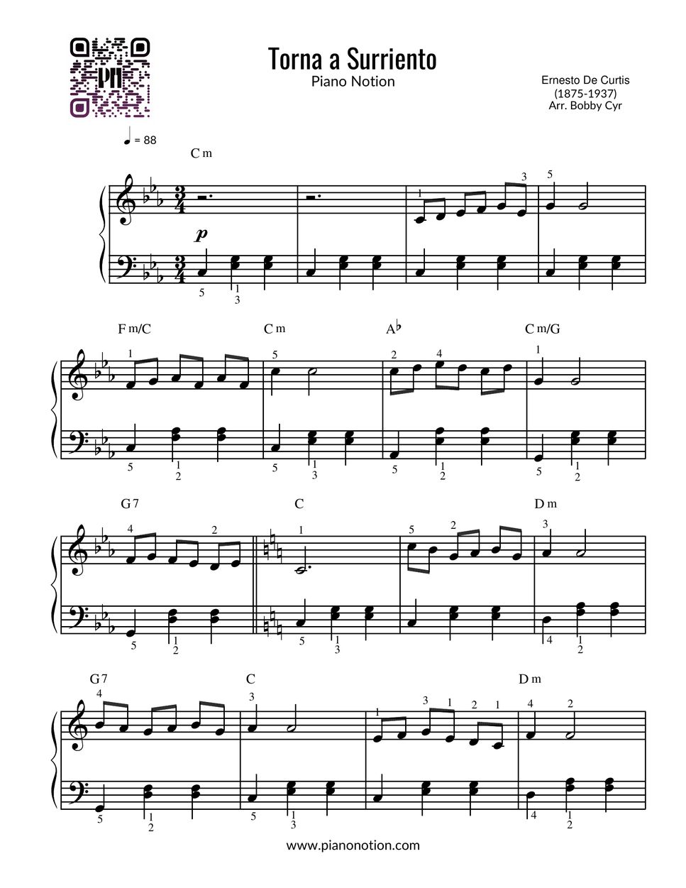 Ernesto De Curtis - Torna a Surriento (Easy Piano) Sheets by Piano Notion