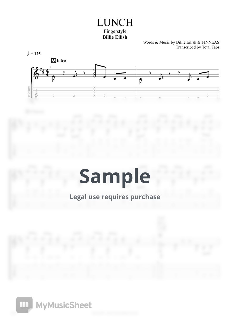 Billie Eilish - LUNCH (fingerstyle) TAB+1 Staff by Total Tabs