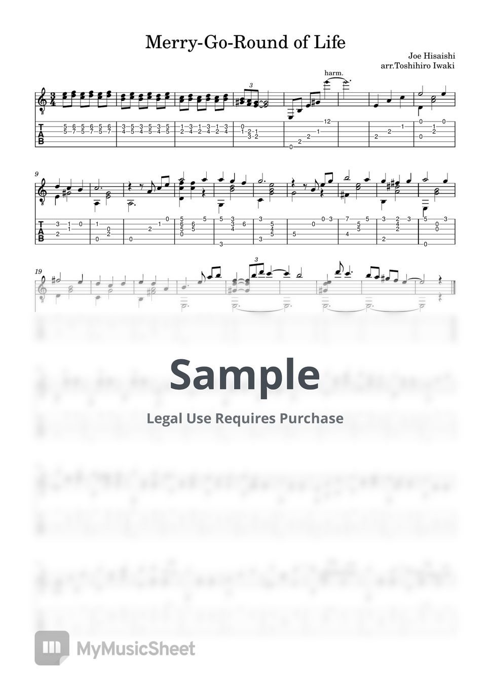 Joe Hisaishi - Merry-Go-Round of Life Tab + 단선 악보 by Toshihiro Iwaki