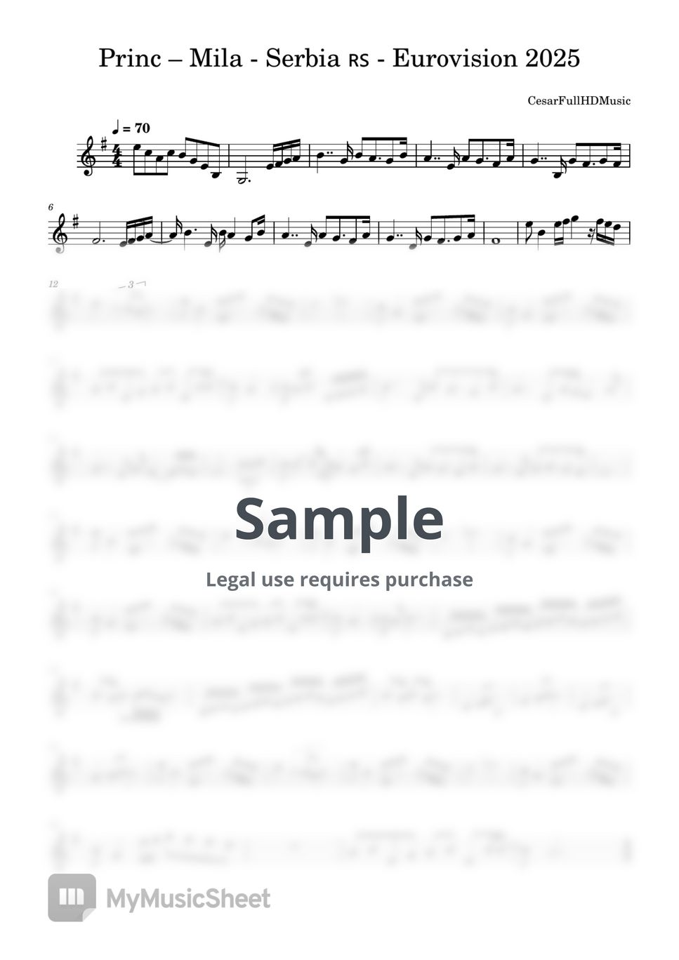 Princ - Mila - Serbia 🇷🇸 - Eurovision 2025 Alto Saxophone Sheet Music ...