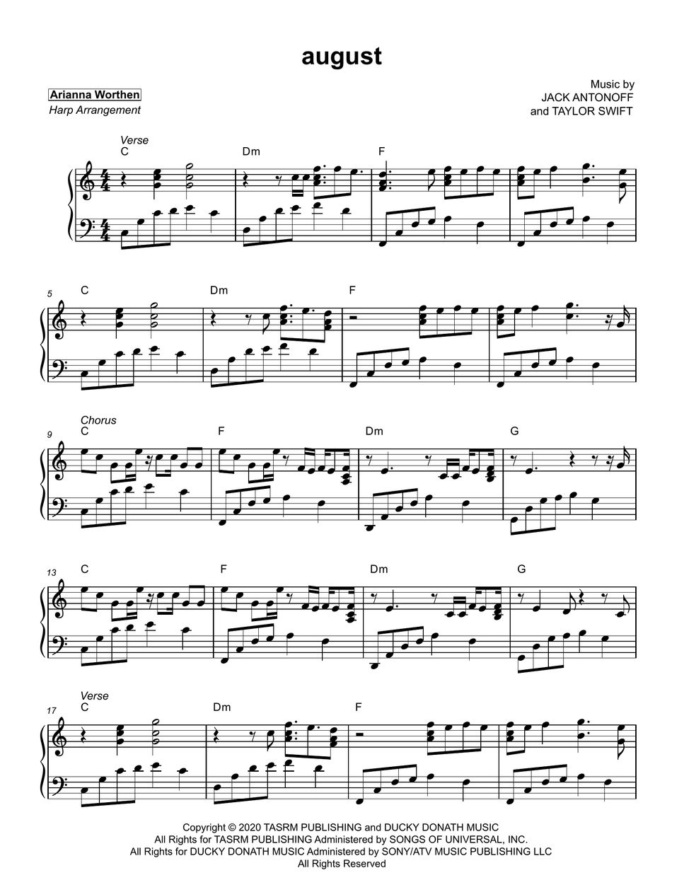 Taylor Swift - august Sheet Music by Arianna Worthen
