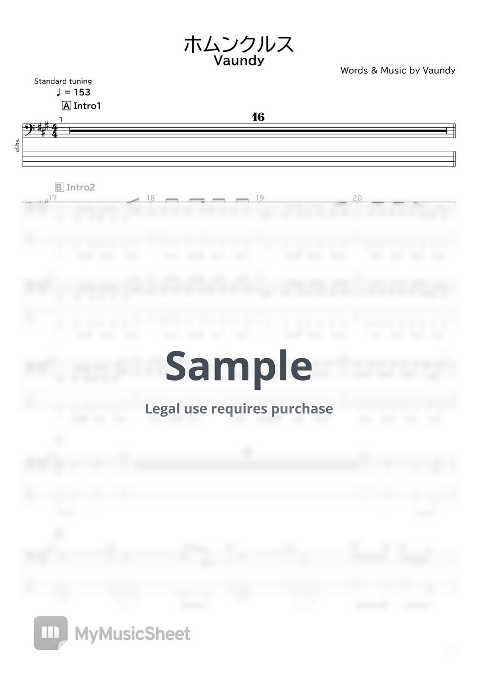 Vaundy - ホムンクルス/Homunculus Sheet by たぶべー＠財布に優しいベース楽譜屋さん（BASS・TAB譜）