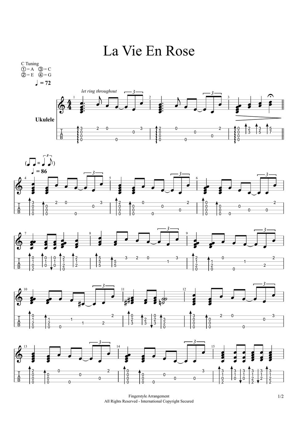 Édith Piaf - La Vie en Rose (Uku-Fingerstyle) Sheet by Franco C