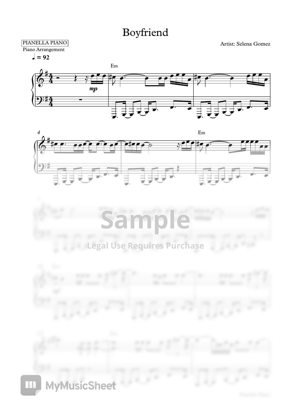 Selena Gomez - Boyfriend (Piano Sheet) 악보 by Pianella Piano