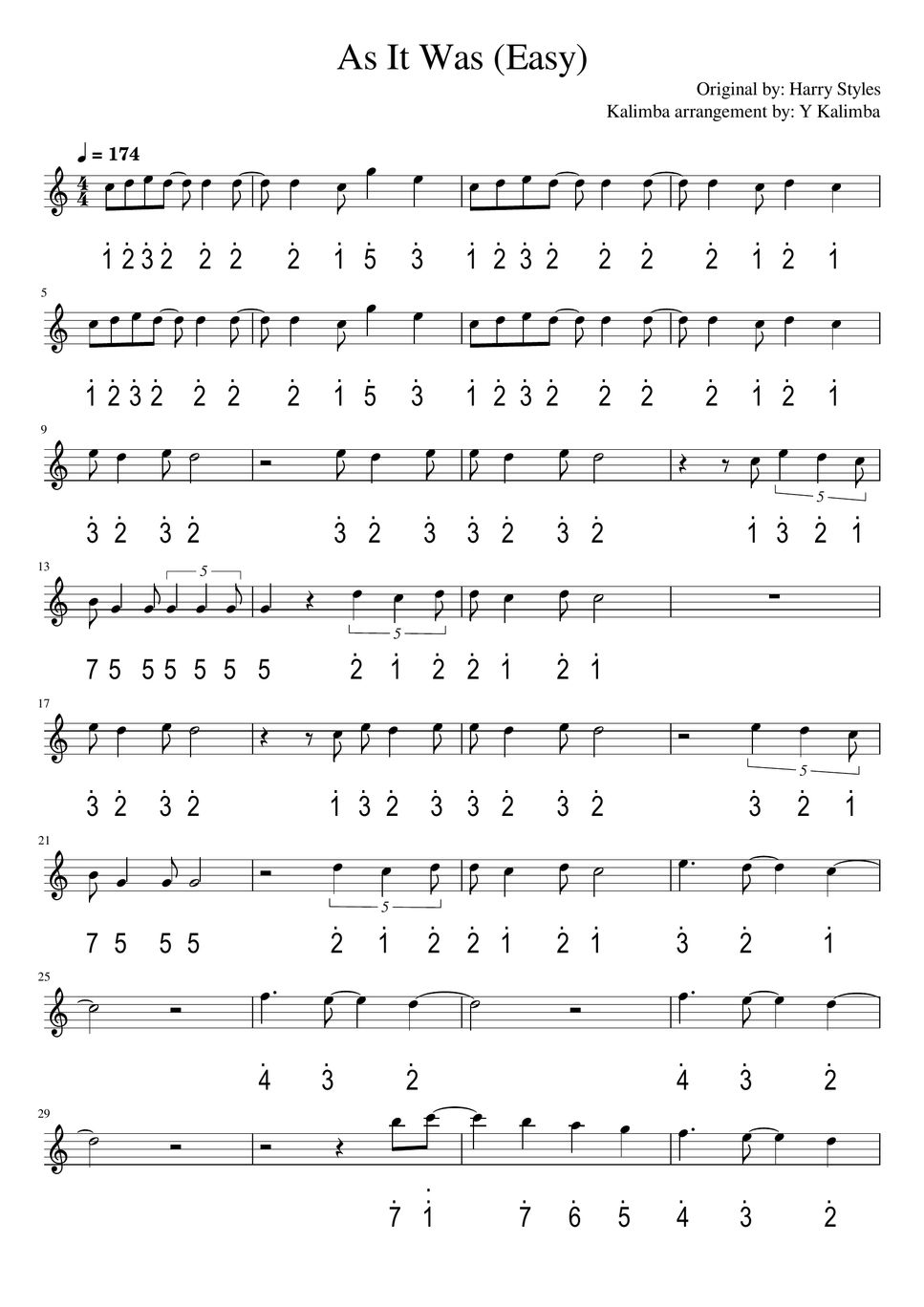 Harry Styles - As It Was (Easy + Medium + Hard) Partitura by Y Kalimba