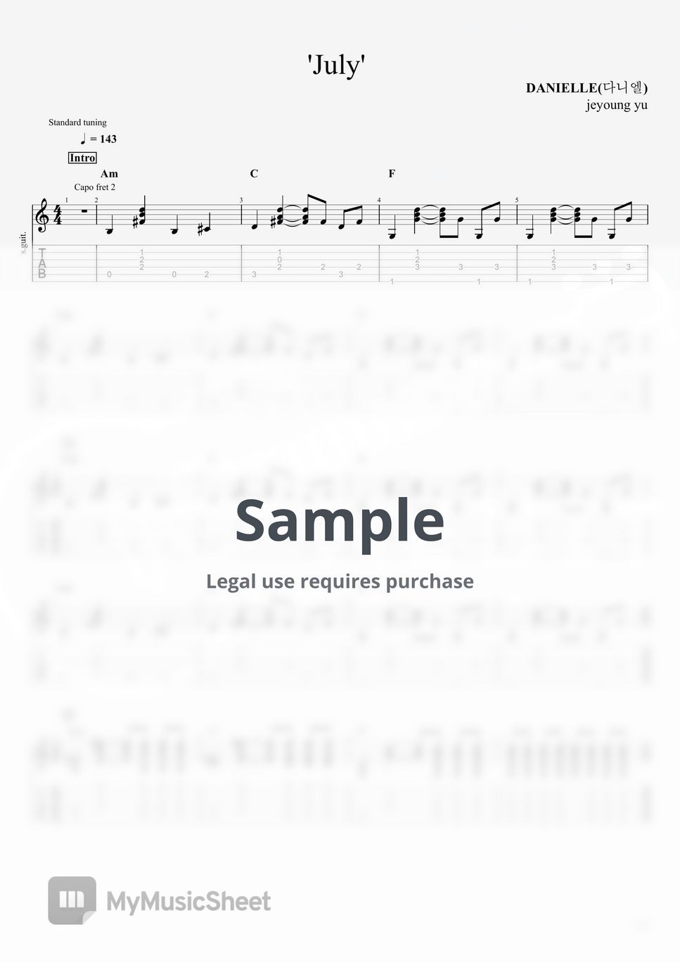 DANIELLE(다니엘) - 'July' (guitar cover) TAB+1 Staff by jeyoung yu