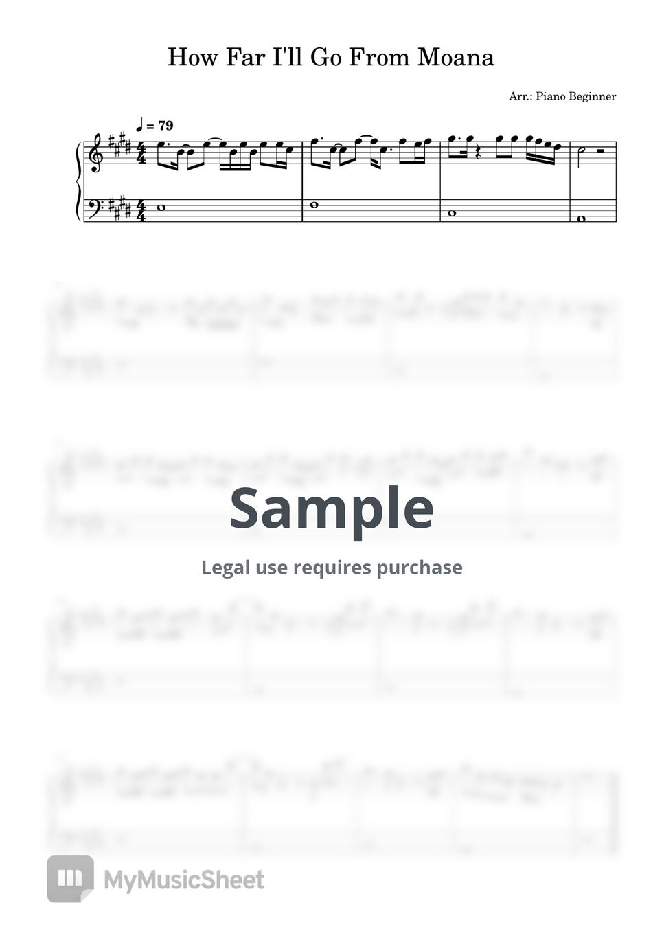 Moana - Disney - How Far I'll Go From Moana Sheets by Piano Beginner