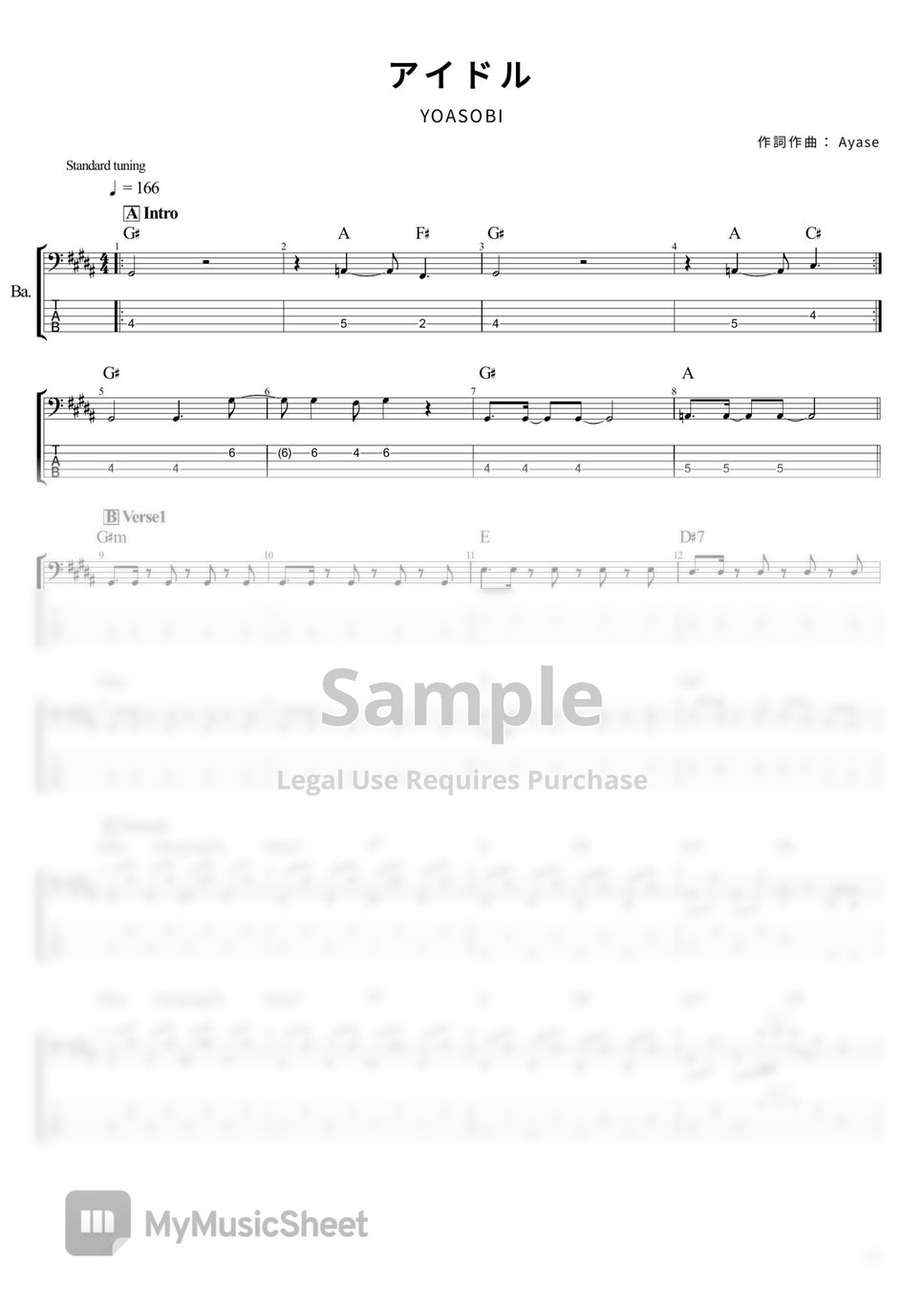 Yoasobi アイドル ベース Tab譜 5弦 Tab 단선 악보 By Ts Bass Score