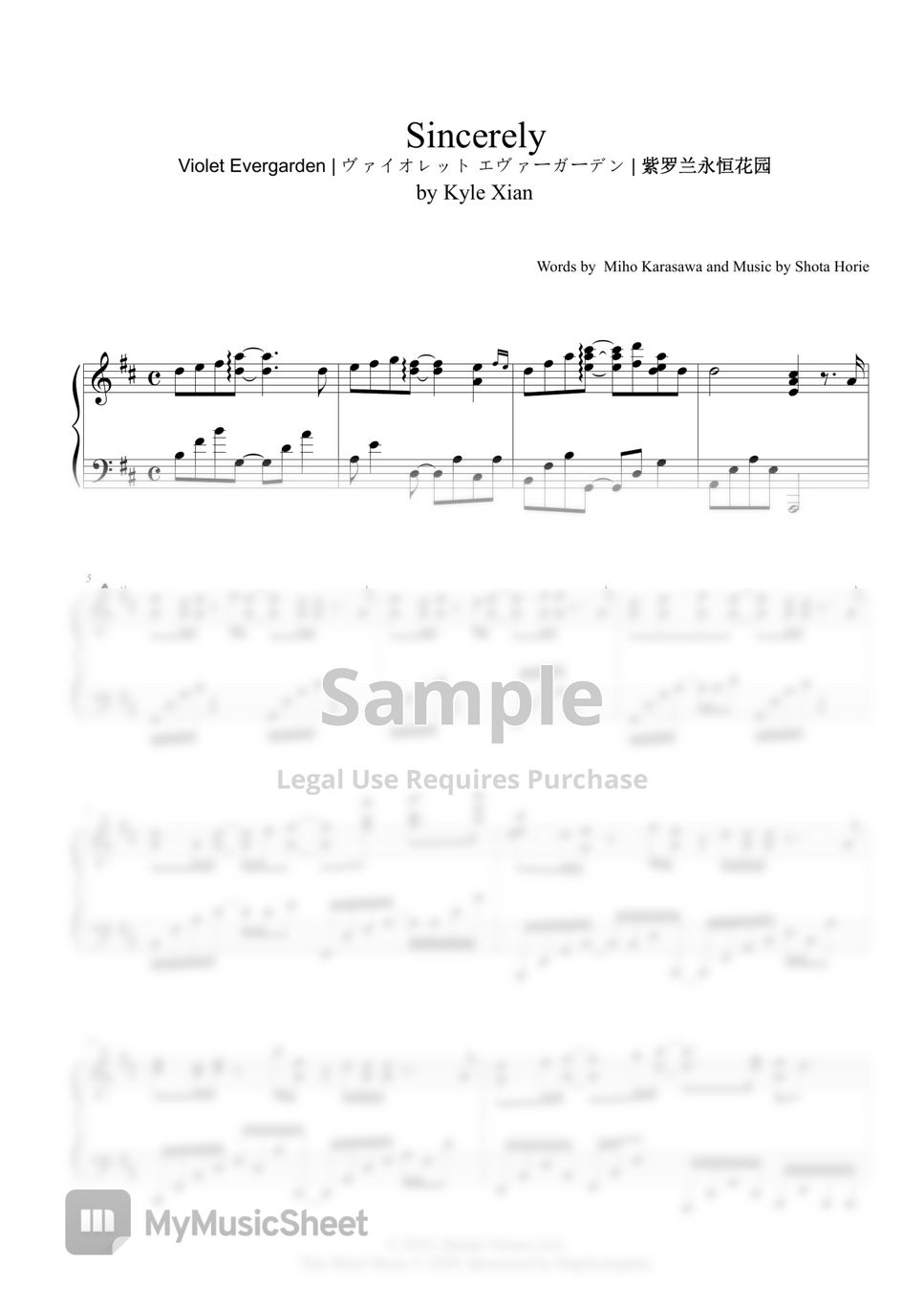 TRUE - Sincerely - Opening Theme of Violet Evergarden Sheets by Kyle Xian