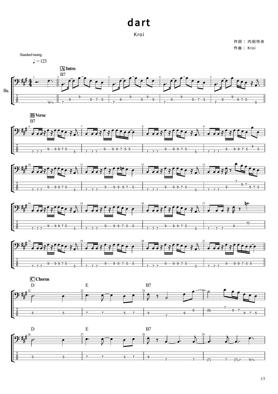Kroi - dart Tab + 1staff by T's bass score