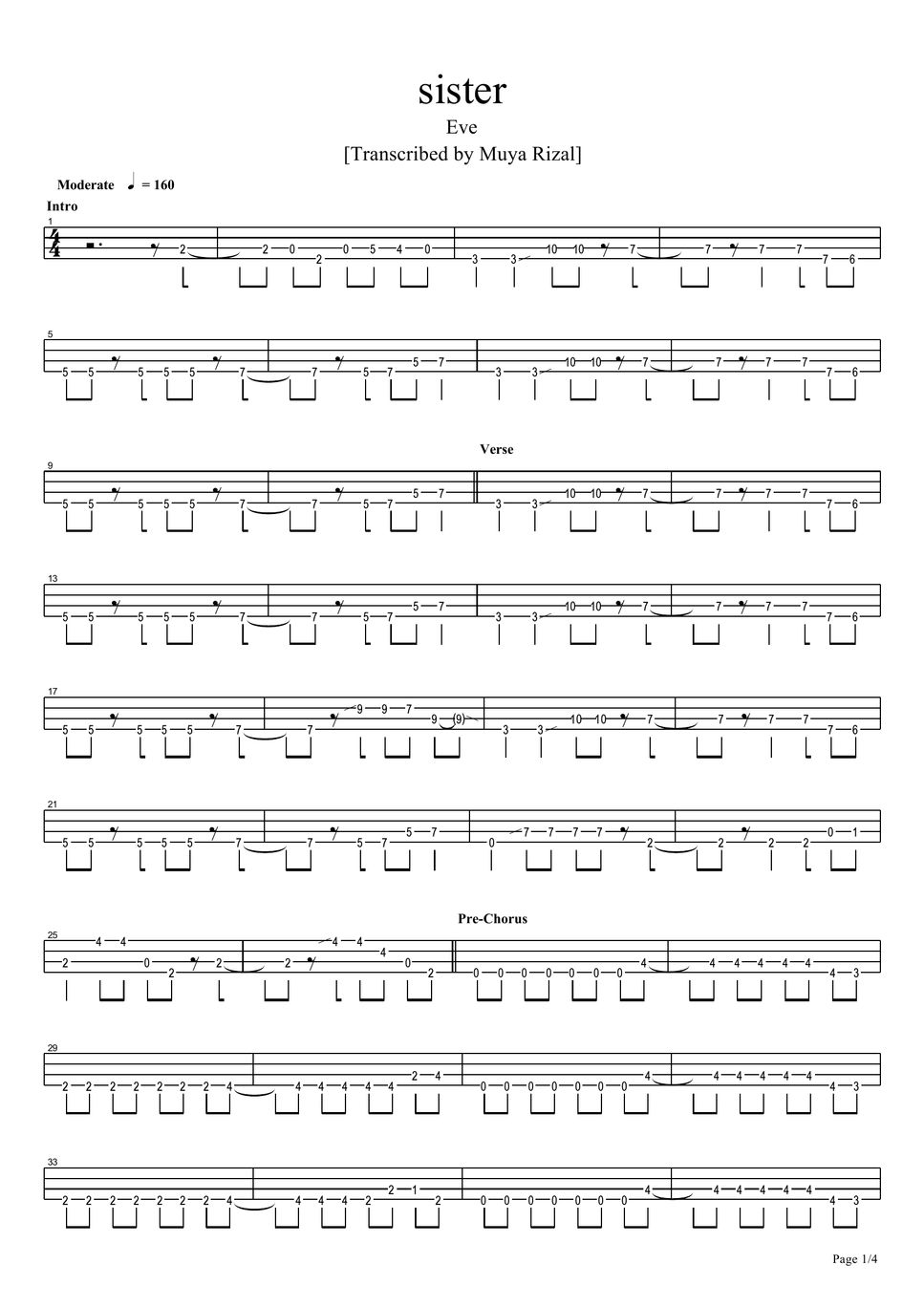Eve - sister (Bass TAB) Sheets by Muya