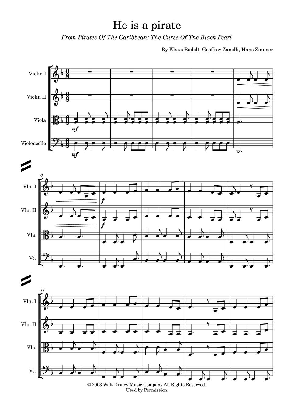 Hans Zimmer - He’s a Pirate (String Quartet) Sheets by Estreguin