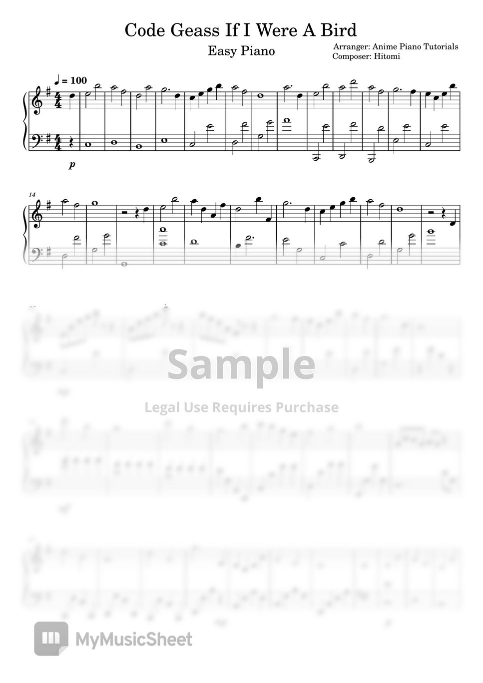 Code Geass - If I were A bird Sheets by Anime Piano Tutorials