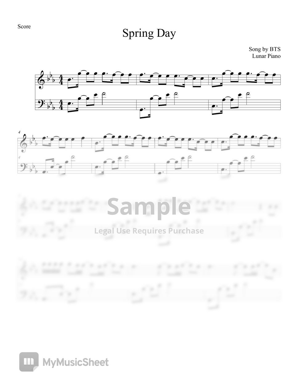 BTS - Spring Day Sheet Music by Lunar Piano