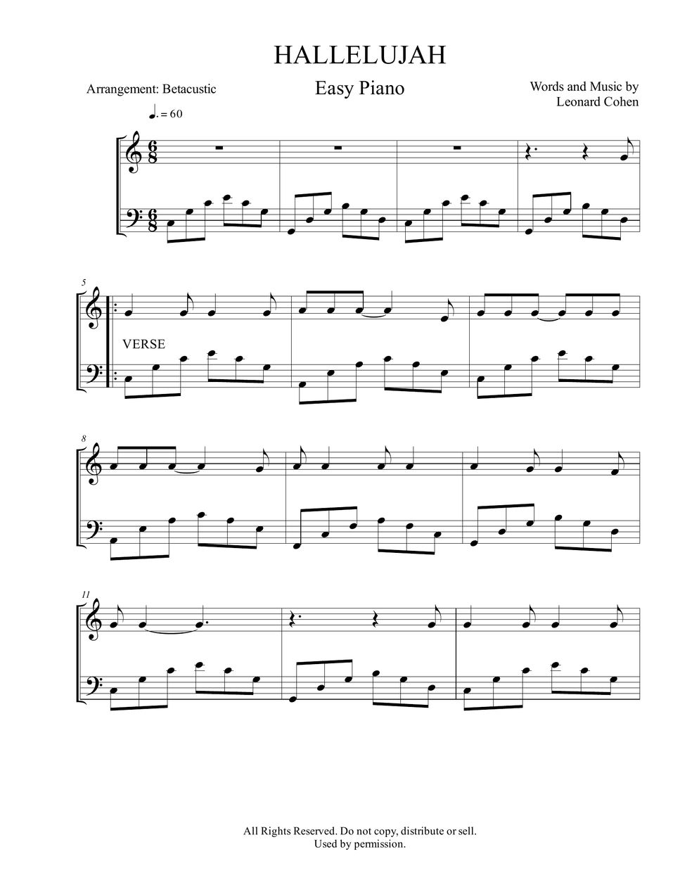 Leonard Cohen - Hallelujah (Easy PIano) Hoja by Betacustic