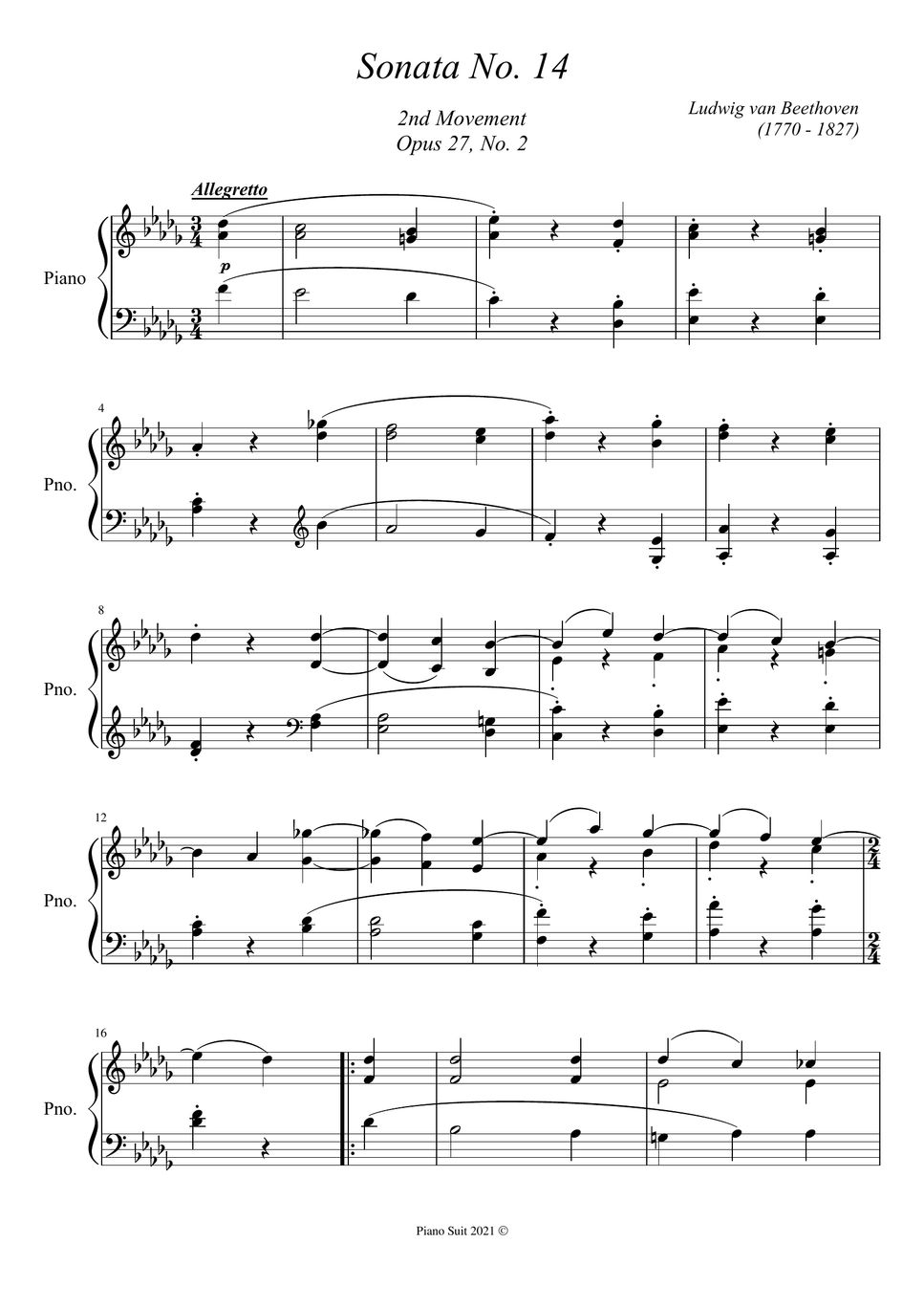 Ludwig van Beethoven - Sonate No. 14 (2nd mvt) Moonlight 악보 by Ludwig ...