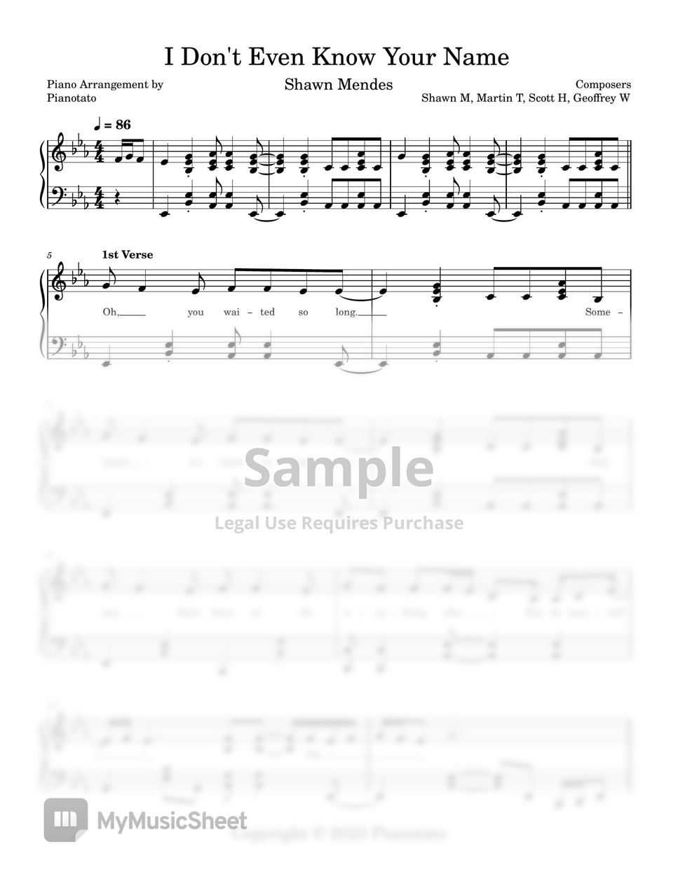 Shawn Mendes - I Don't Even Know Your Name Sheets by Pianotato