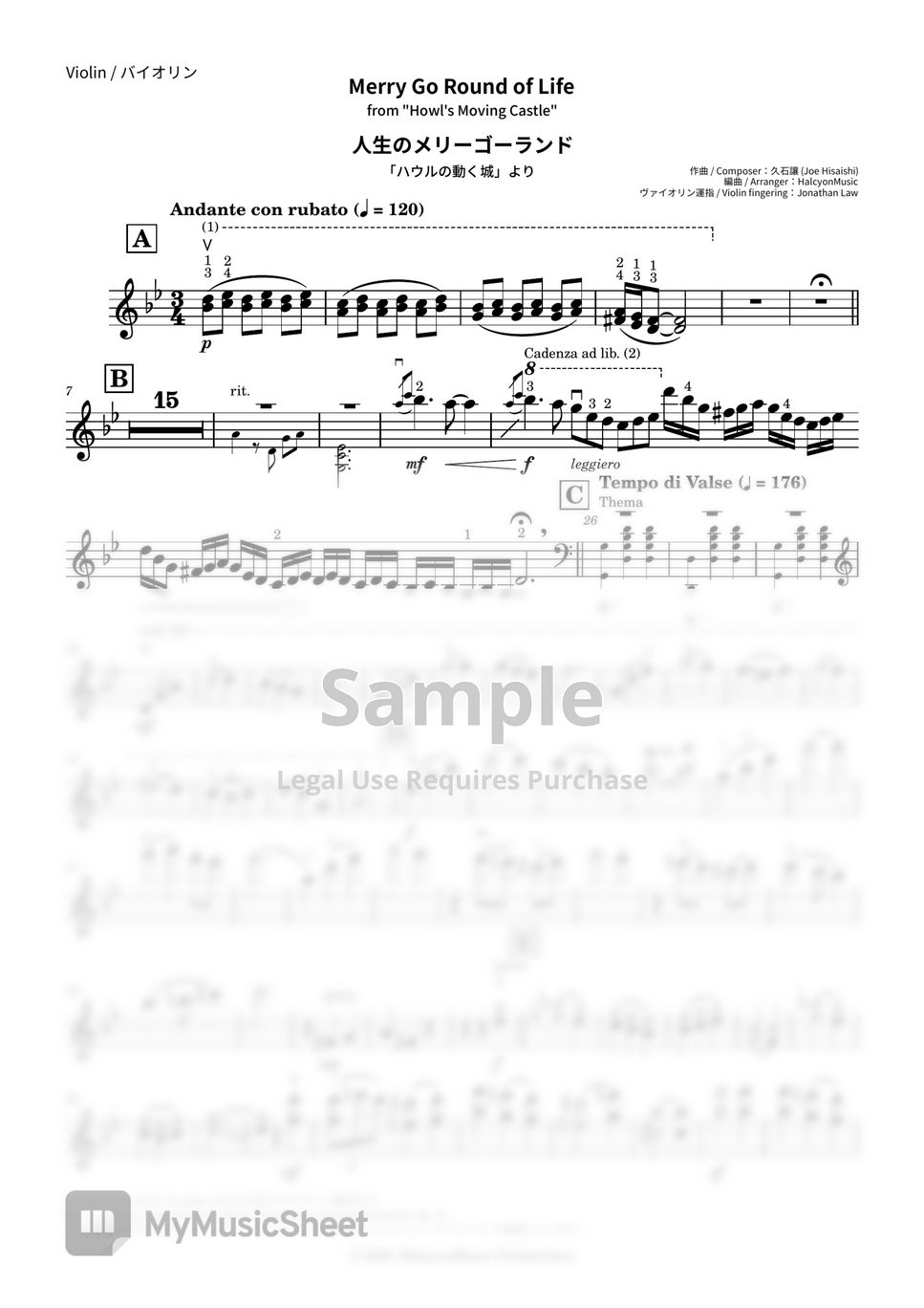 Joe Hisaishi - Merry Go Round of Life (from Howl's Moving Castle) Sheet ...