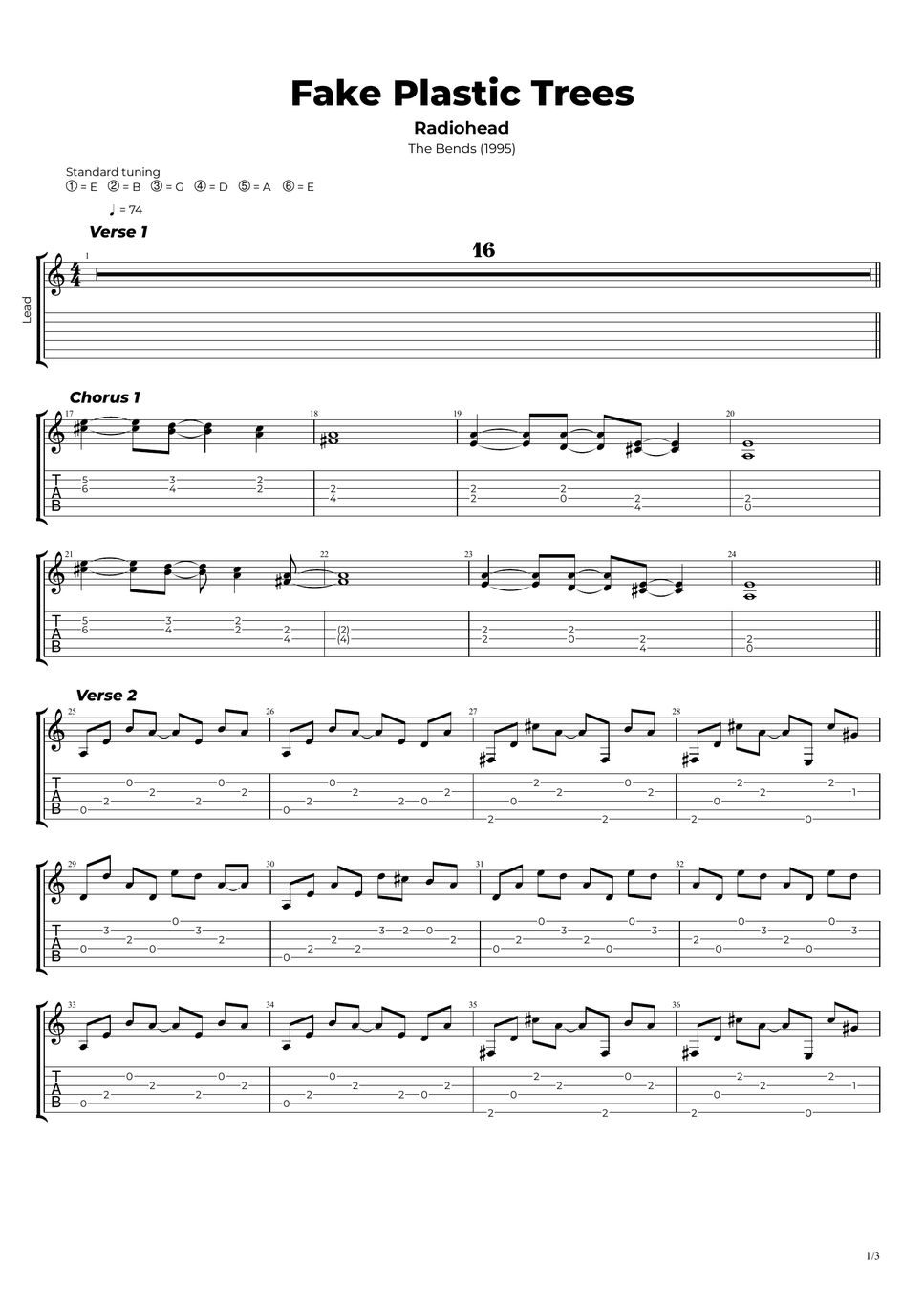 Radiohead - Fake Plastic Trees 楽譜 by Nikola Gugoski