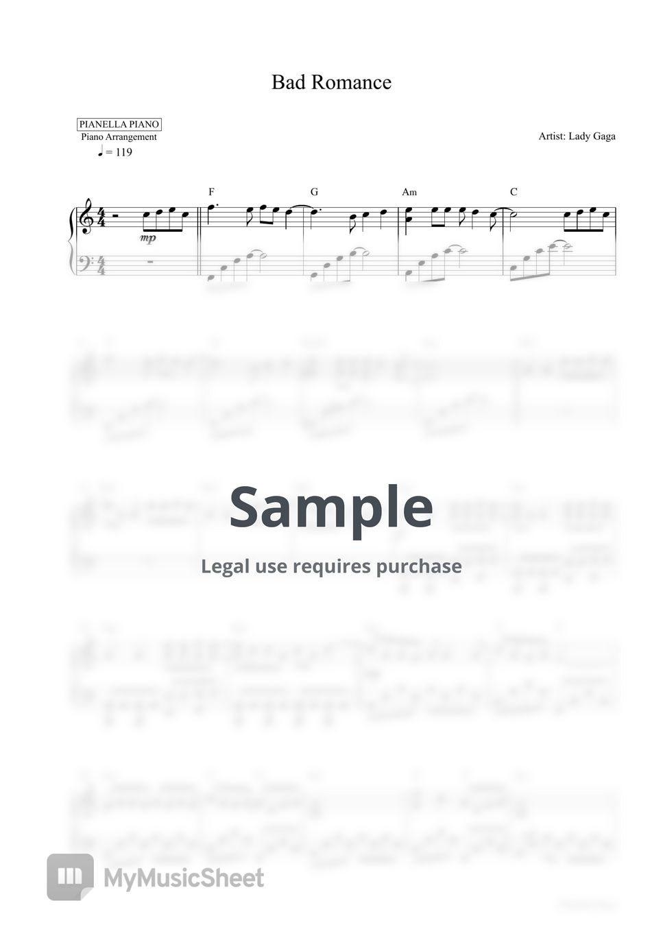 Lady Gaga - Bad Romance (Piano Sheet) Sheet Music by Pianella Piano