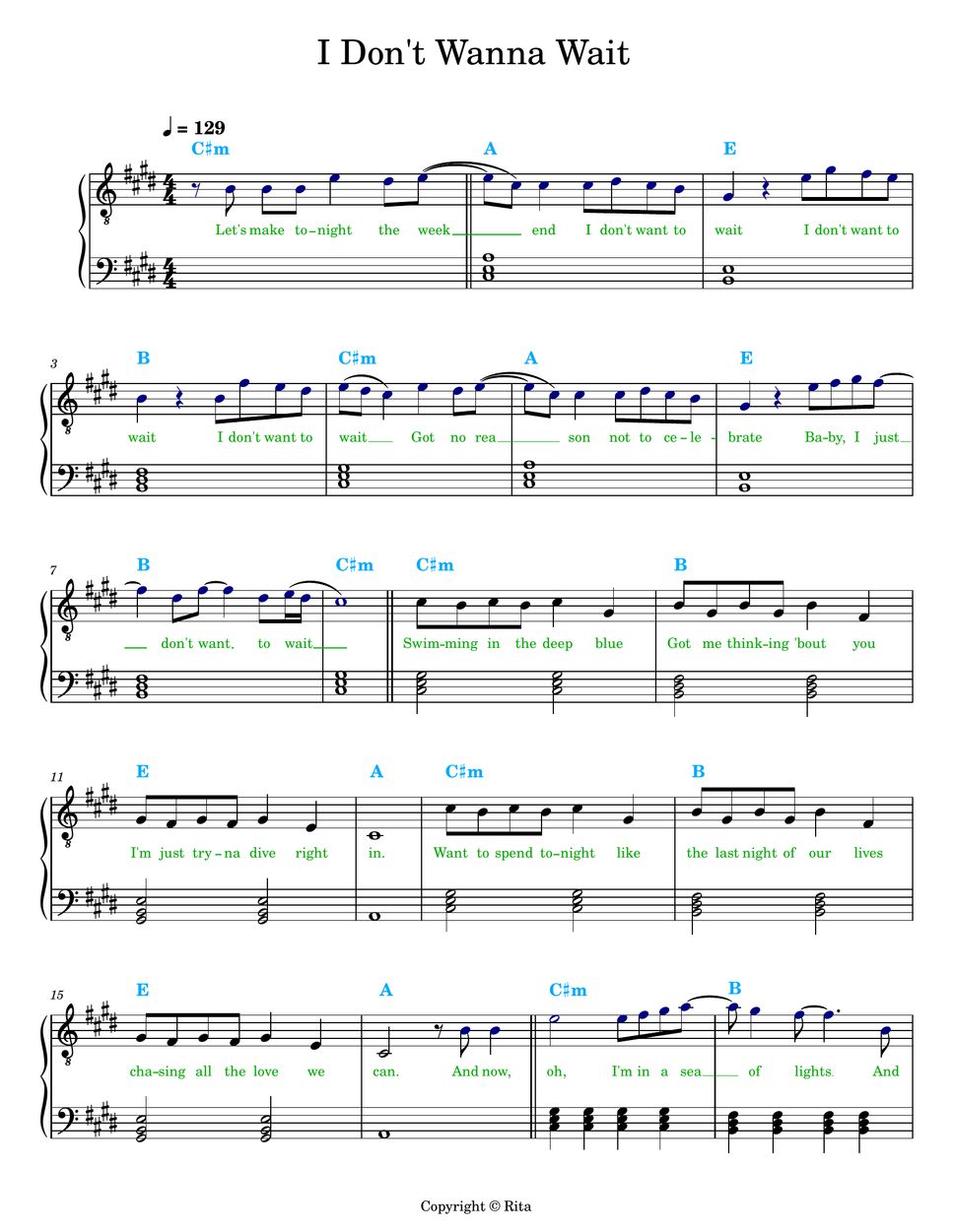 David Guetta - I Don't Wanna Wait (With lyrics and chords) 악보 by Rita B