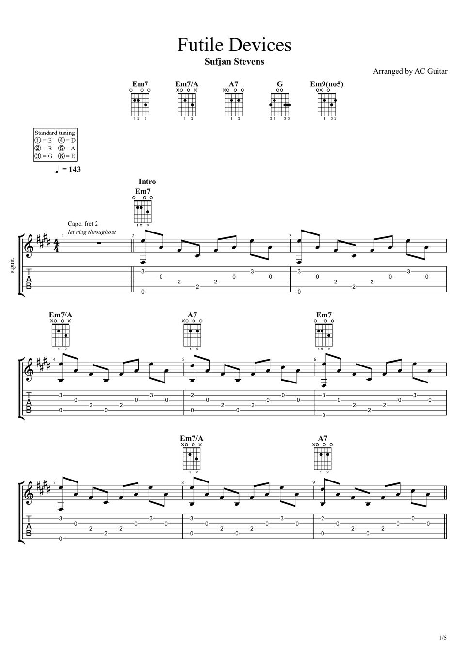 Sufjan Stevens - Futile Devices Tab + 1staff by AC Guitar