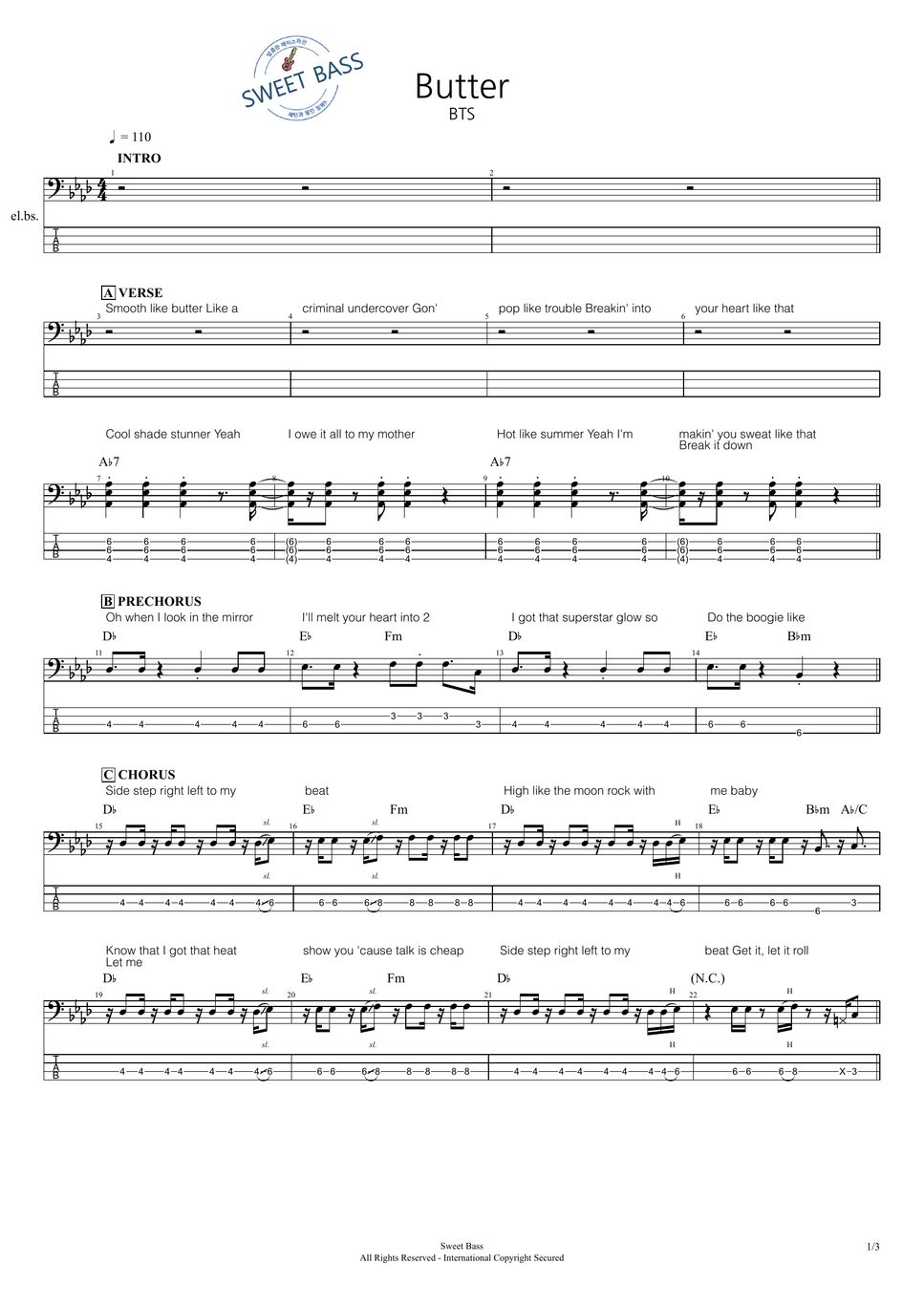 방탄소년단 BTS - Butter (Bass) タブ by Sweet Bass