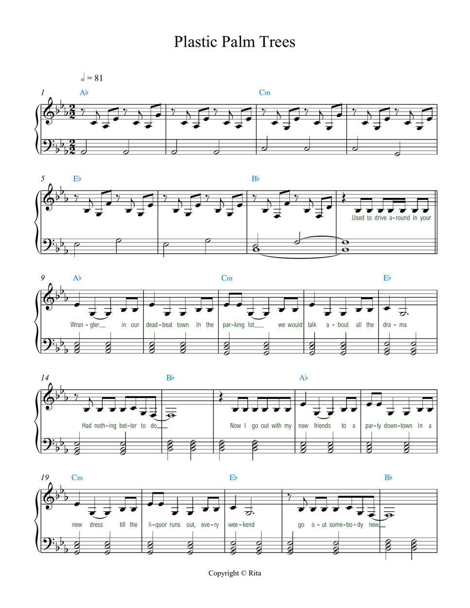 Tate McRae - Plastic Palm Trees Sheet Music by Rita B