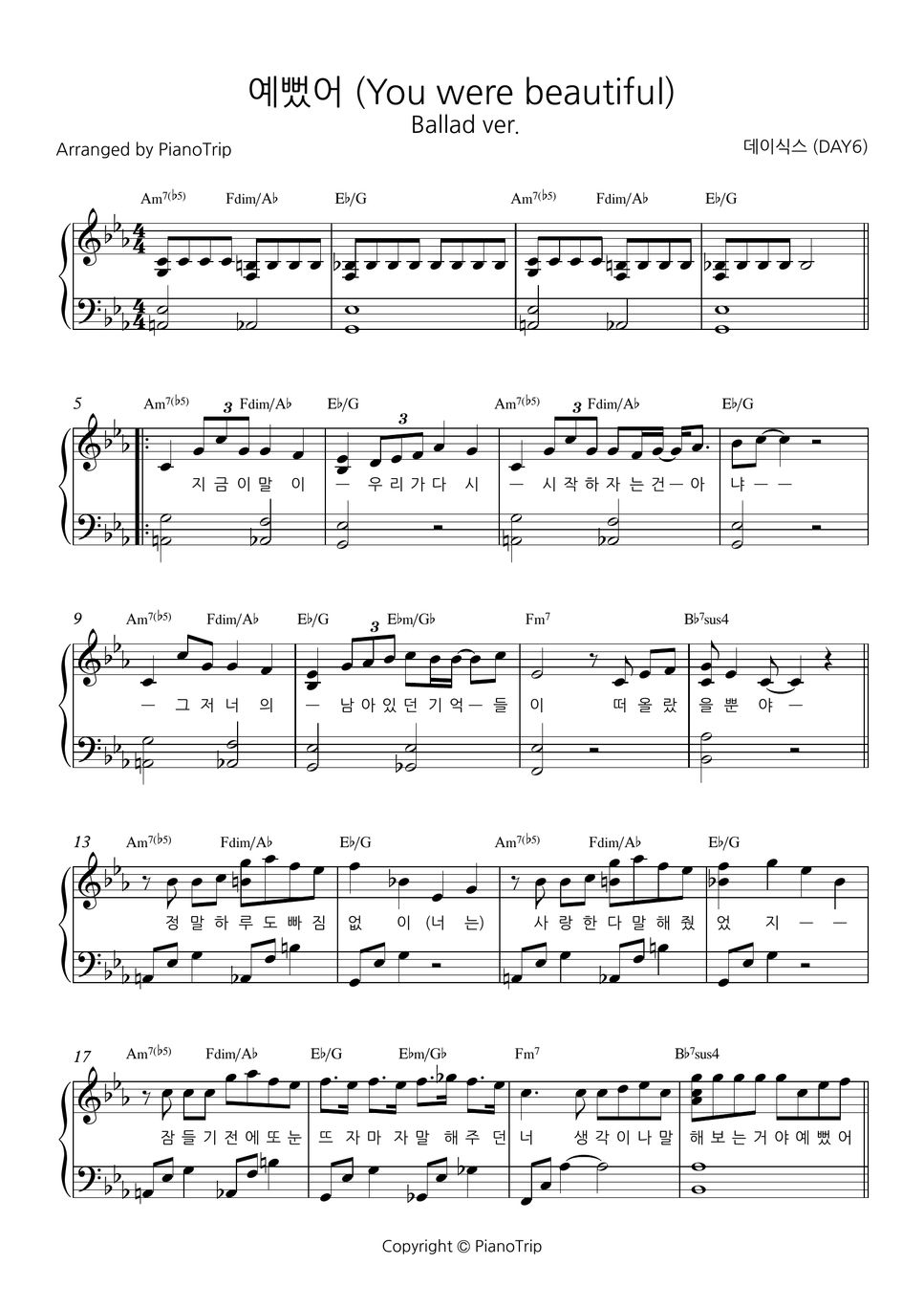 Day6 You Were Beautiful Ballad Ver Lembar Musik By Pianotrip