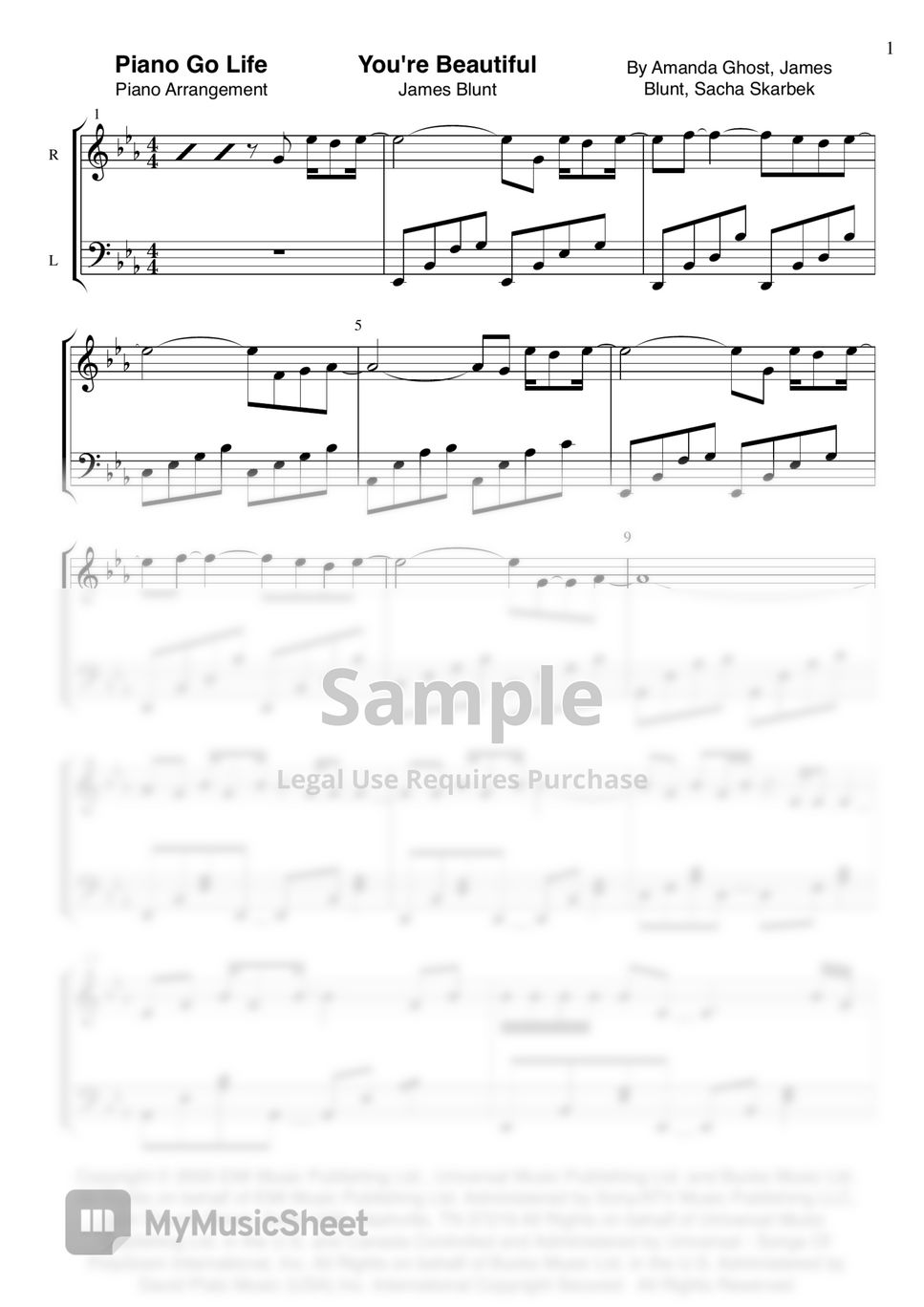 James Blunt - You're Beautiful Sheet by Piano Go Life