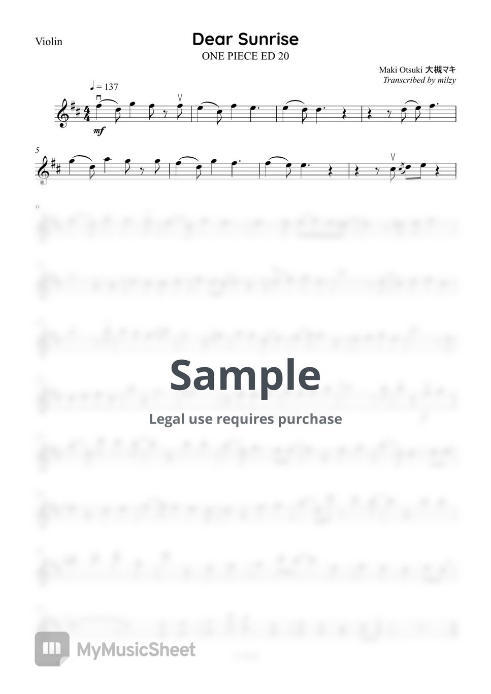 Maki Otsuki - Dear Sunrise - One Piece ED 20 (Violin) Sheets by milzy