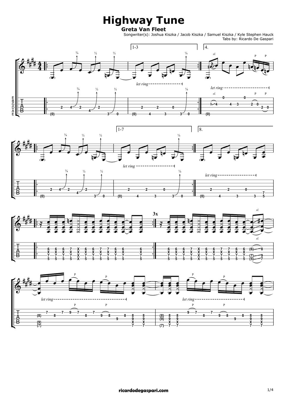 Greta Van Fleet - Highway Tune (for one guitar) Sheets by Ricardo De ...
