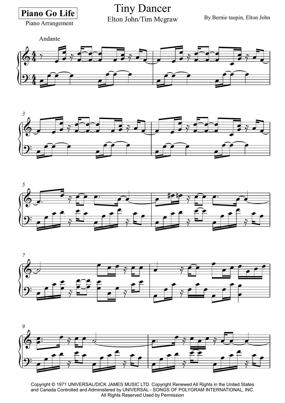 Elton John - Tiny Dancer 楽譜 by Piano Go Life