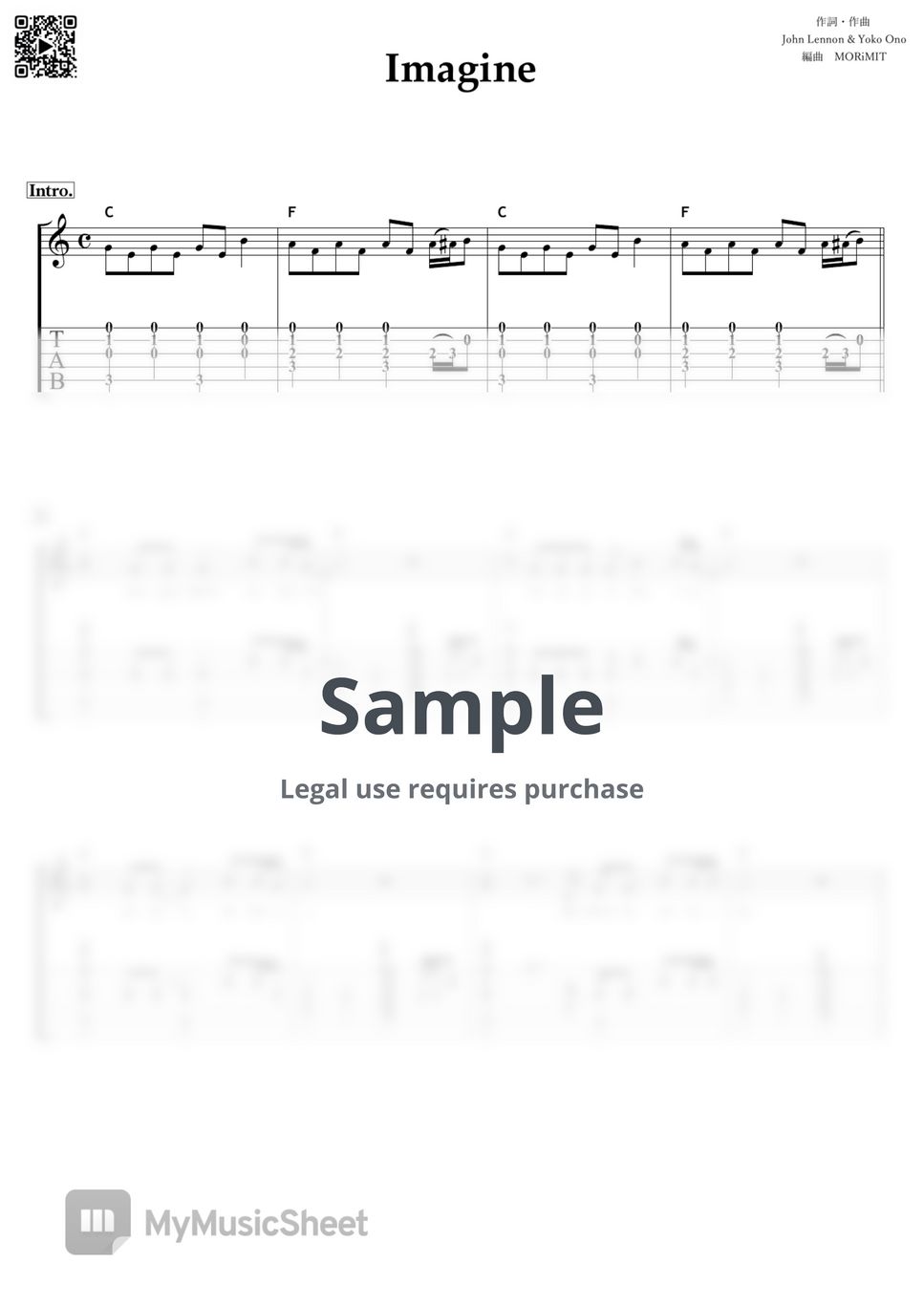 ジョンレノン - IMAGINE easy (ハ長調シンプルソロ) Tab + 1staff by MORiMIT