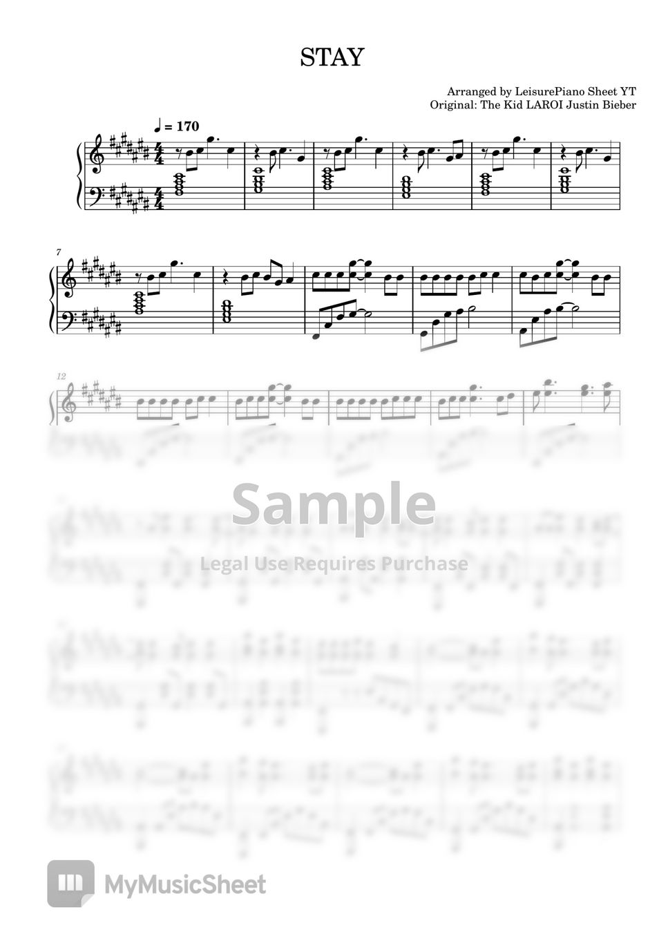 The Kid LAROI Justin Bieber - Stay Notenblatt by Leisure Piano Sheets YT