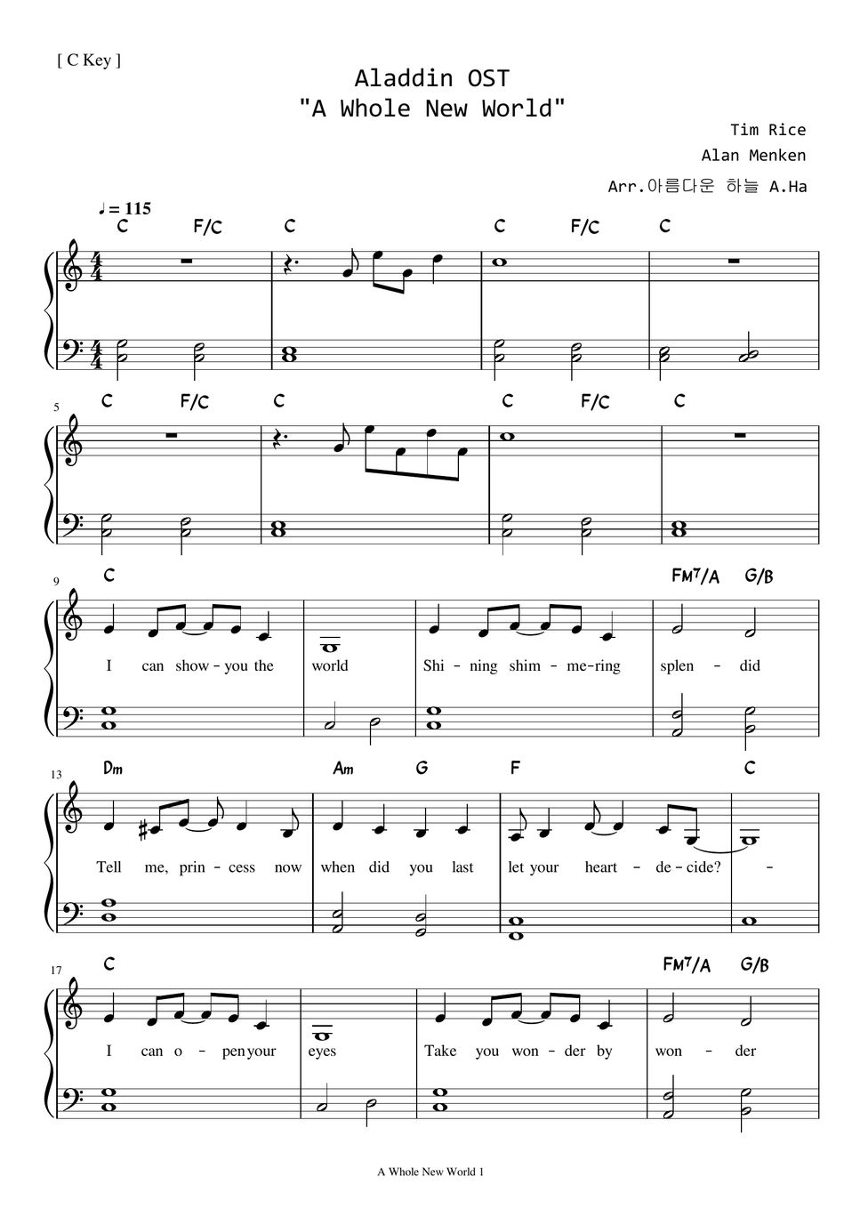 Aladdin OST "A Whole New World" [Level 1] Sheets