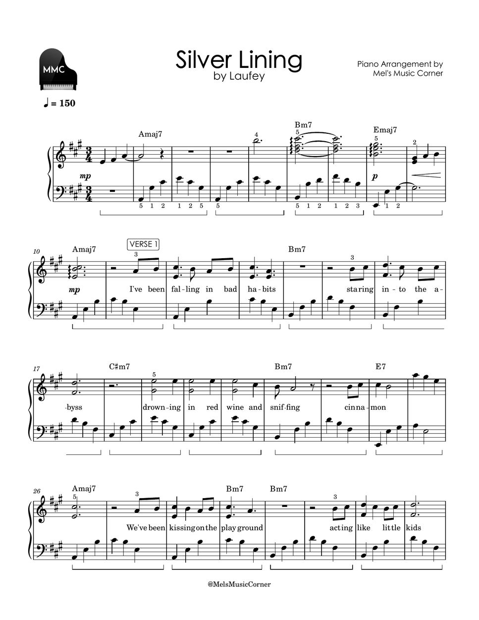 Laufey - Silver Lining (piano sheet music) Sheet Music by Mel's Music Corner