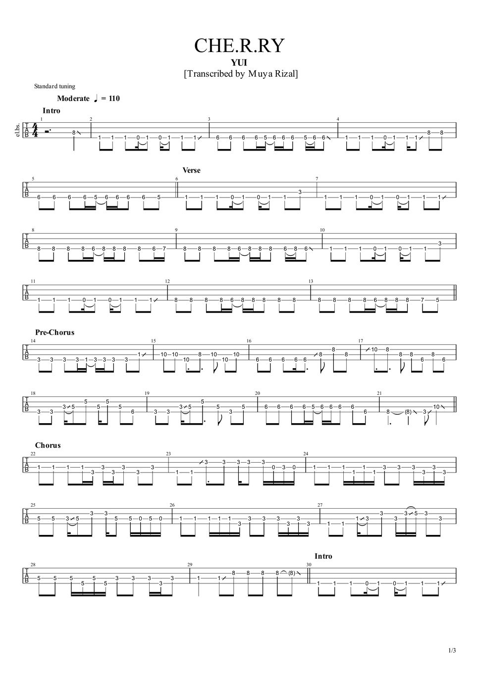 YUI - CHE.R.RY (Bass TAB) ベースギタータブPDF | Muya | mymusic5